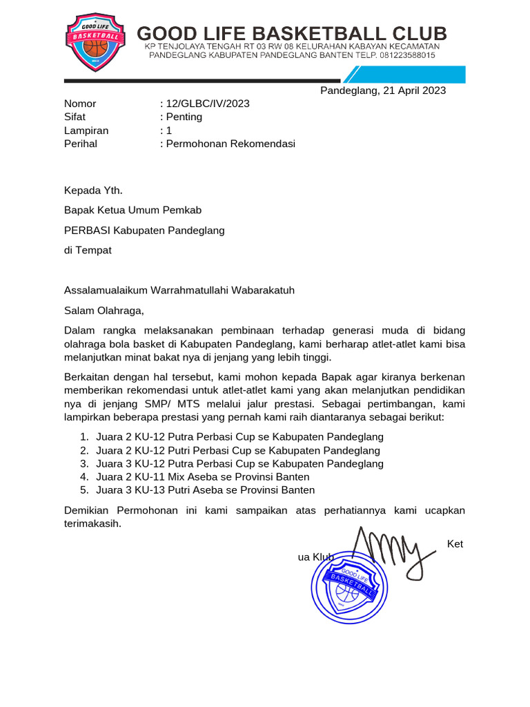 Permohonan Rekomendasi Atlet Basket | PDF