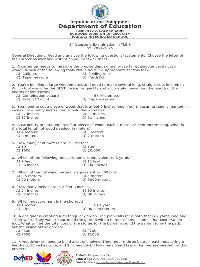 TLE 9 Quarterly Exam Questions 2024-2025 | PDF | Hazards | Occupational ...
