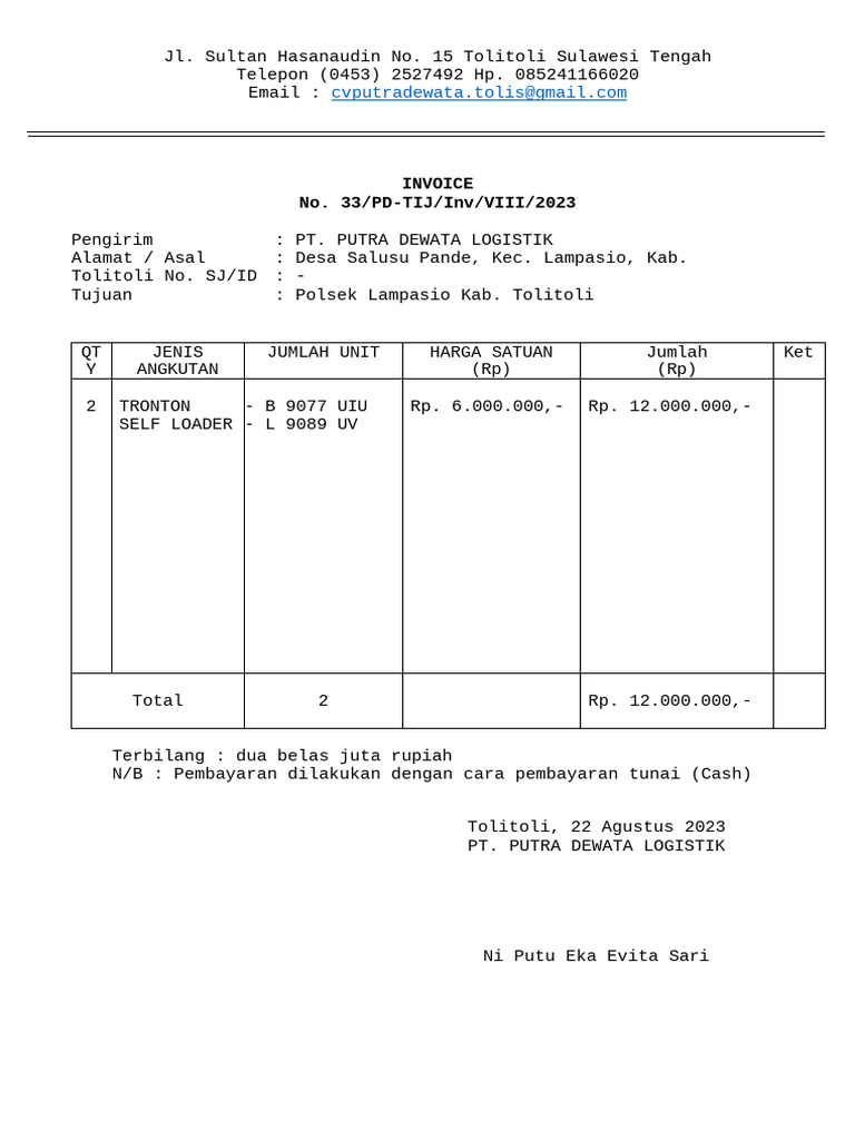Invoice Pengiriman PT Putra Dewata 2023 | PDF
