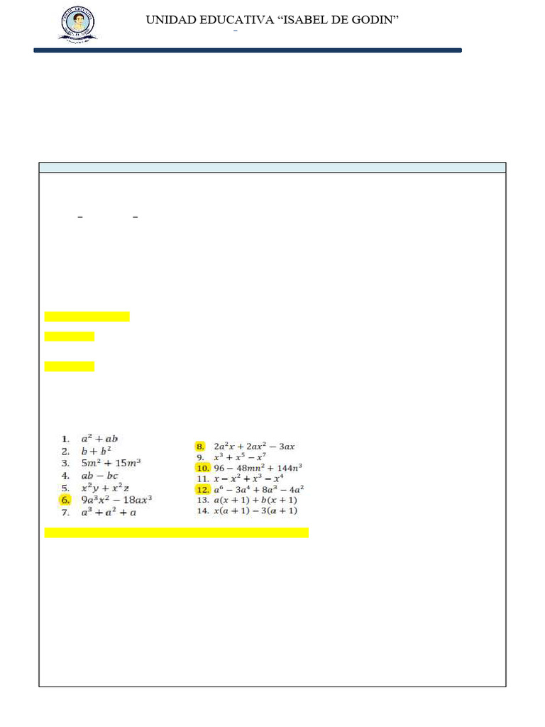 Actividades 24 Al 26 de Septiembre Decimo | PDF | Factorización | Álgebra
