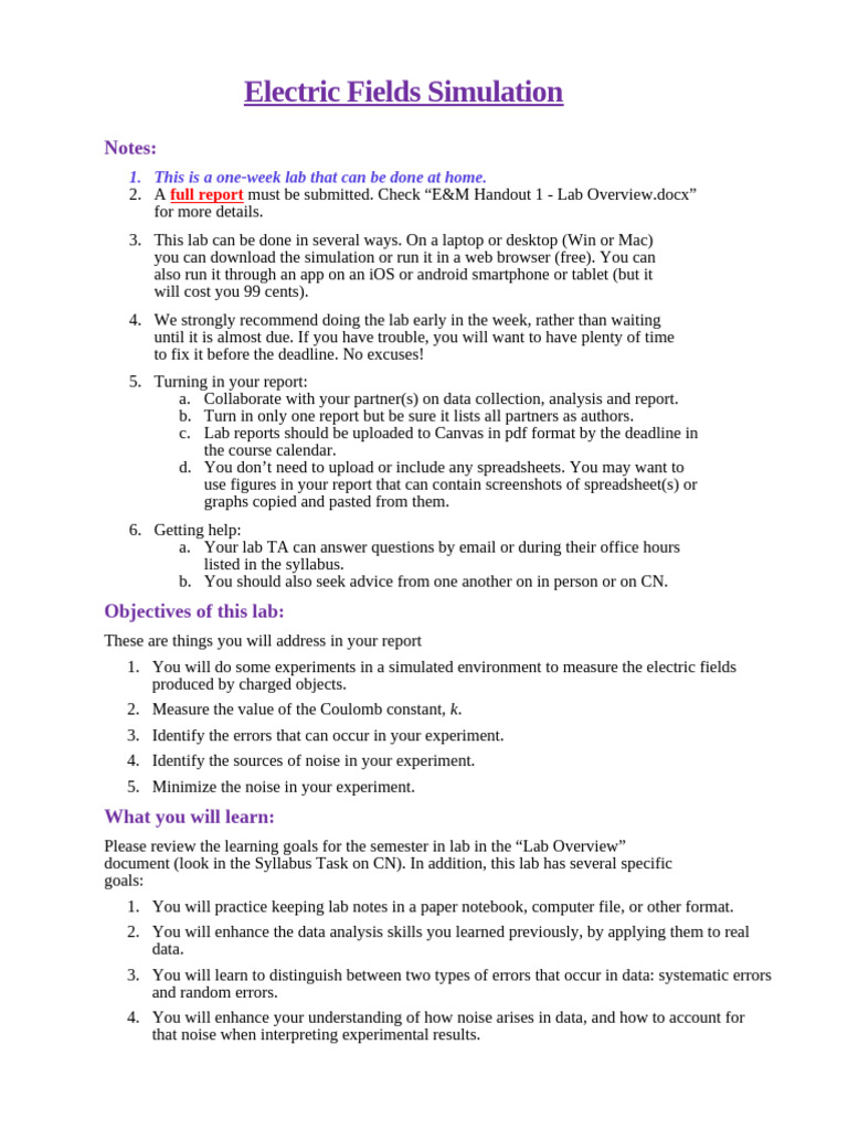 Electric Fields Lab Simulation Guide | PDF | Electric Field | Experiment