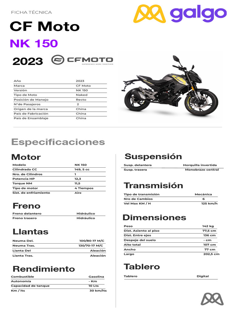 Especificaciones Moto CF Moto NK 150 2023 | PDF