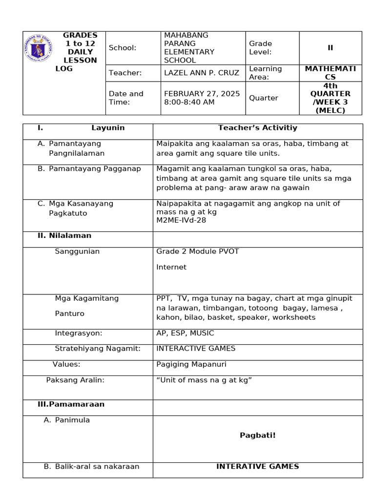 DLP MATHEMATICS G and KG 1 | PDF
