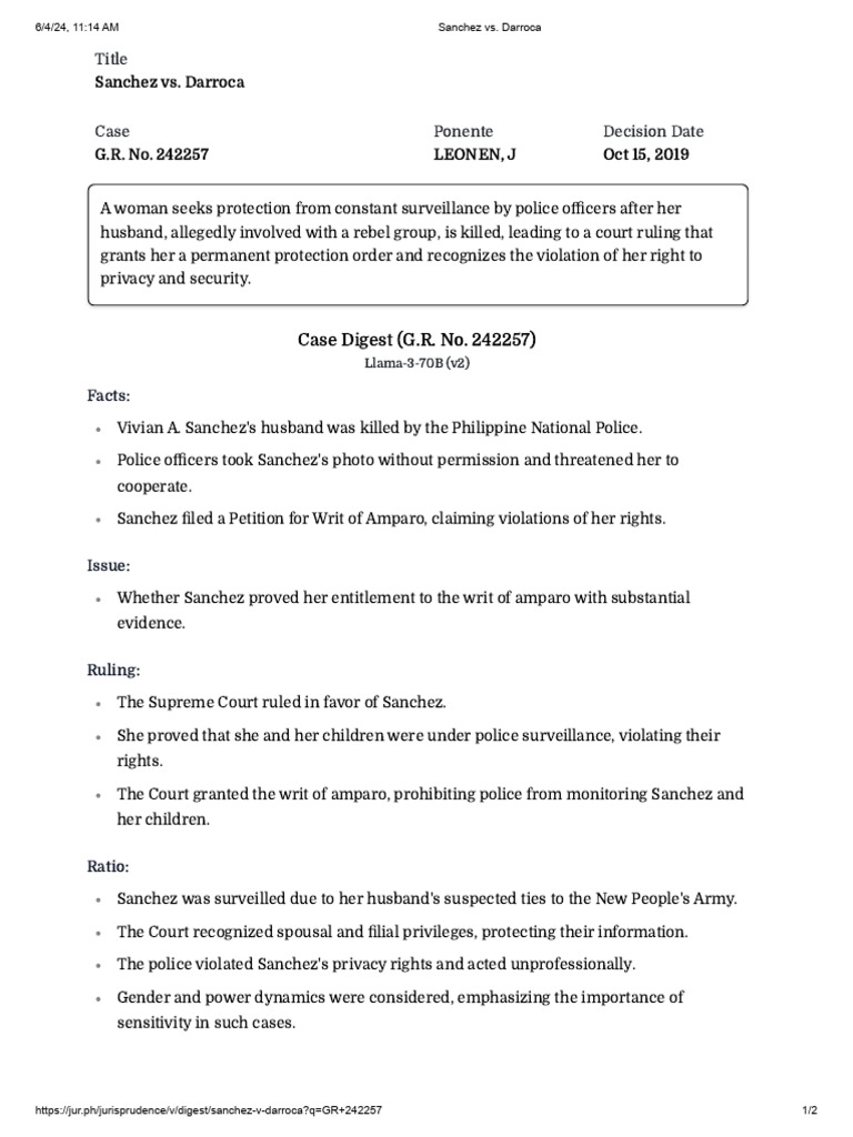 Amparo Ruling in Sanchez v. Darroca | PDF