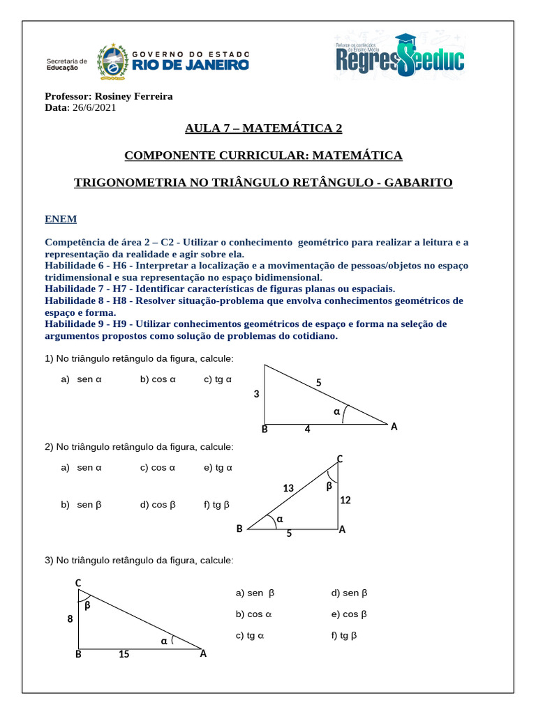 Aula 7 - Matemática 2 - Exercícios - Trigonometria No Triângulo ...