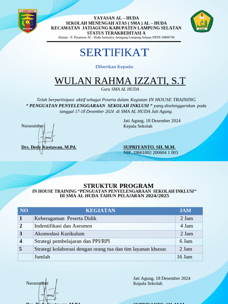 In House Training Sekolah Inklusi SMA Al Huda | PDF