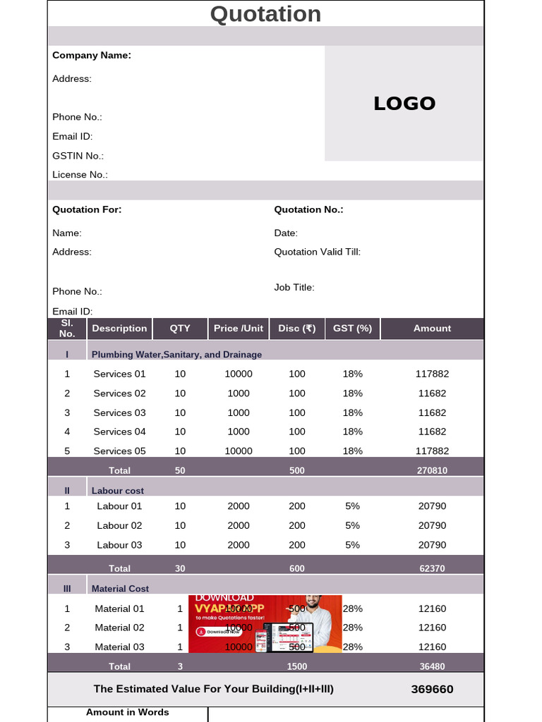 Plumbing Quotation Format 01 | PDF