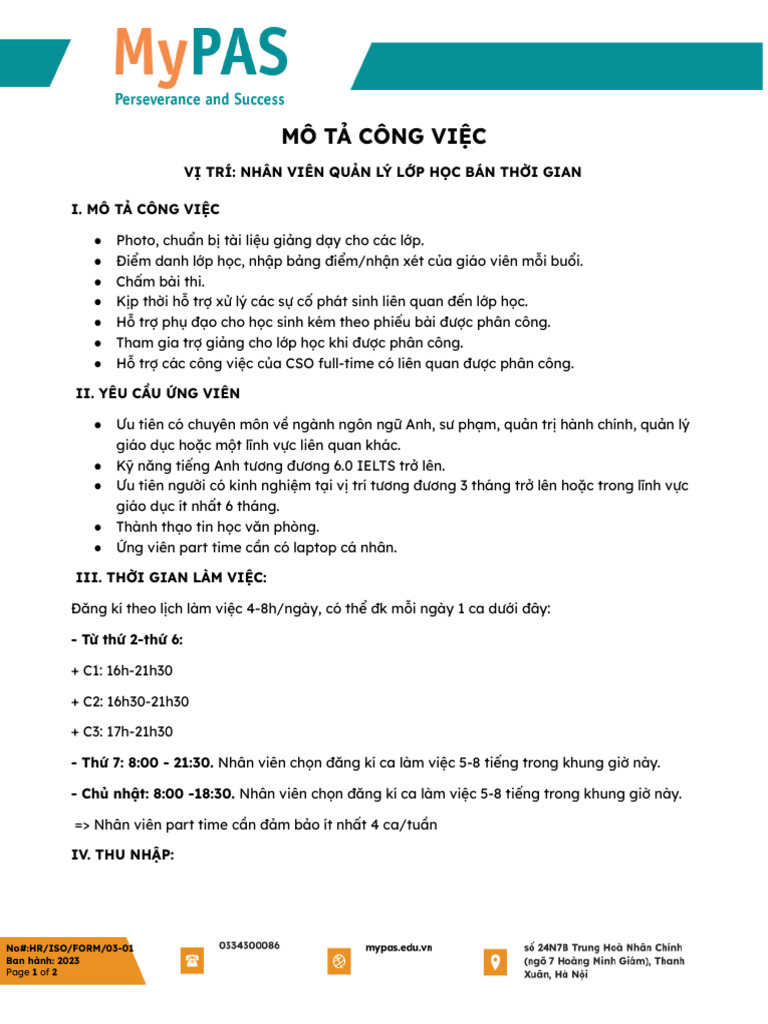 JD Nhân Viên Quản Lí Lớp Học Part-Time Mypas | PDF