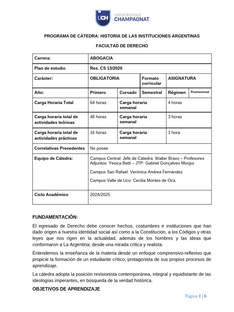 PROGRAMA - HISTORIA INST. ARG. 2024 - 2025 DEFINITIVO | PDF | Argentina