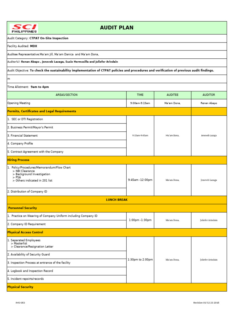 CTPAT Audit Plan and Schedule | PDF | Audit | Physical Security