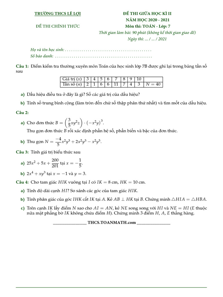 De Thi Giua Hoc Ki 2 Toan 7 Nam 2020 2021 Truong Thcs Le Loi TP HCM | PDF