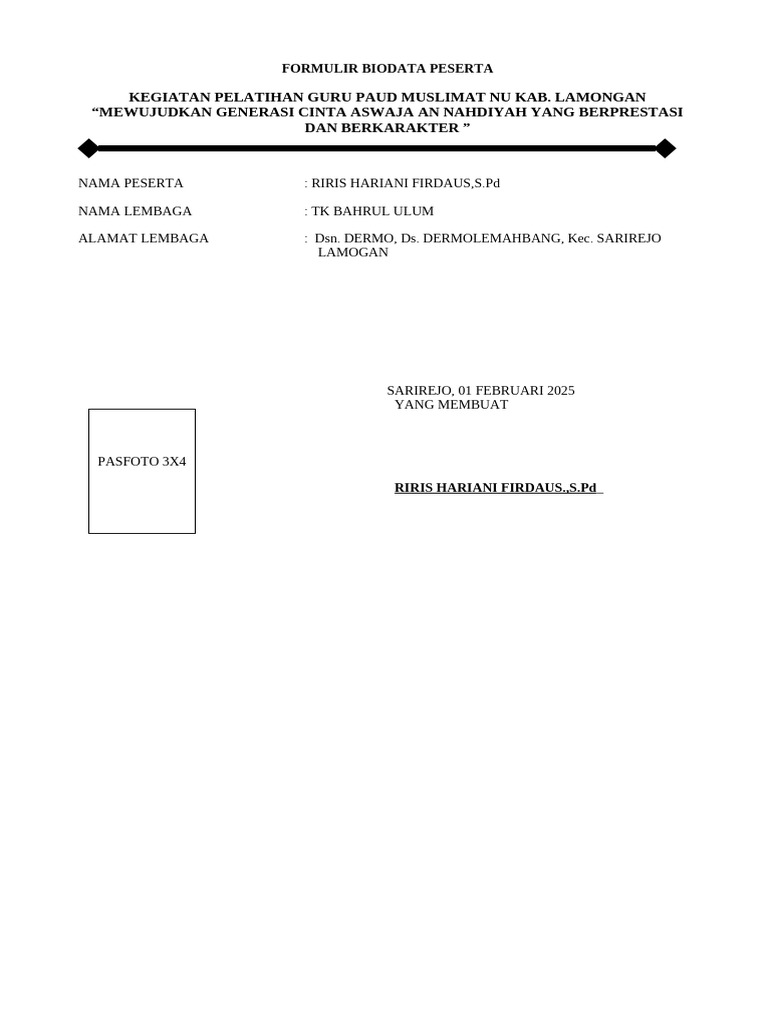 Form Biodata Pelatihan | PDF