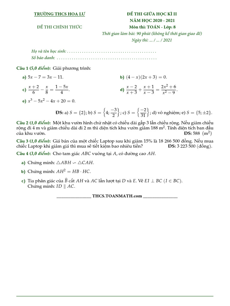 De Thi Giua Hoc Ki 2 Toan 8 Nam 2020 2021 Truong Thcs Hoa Lu Tp Hcm | PDF