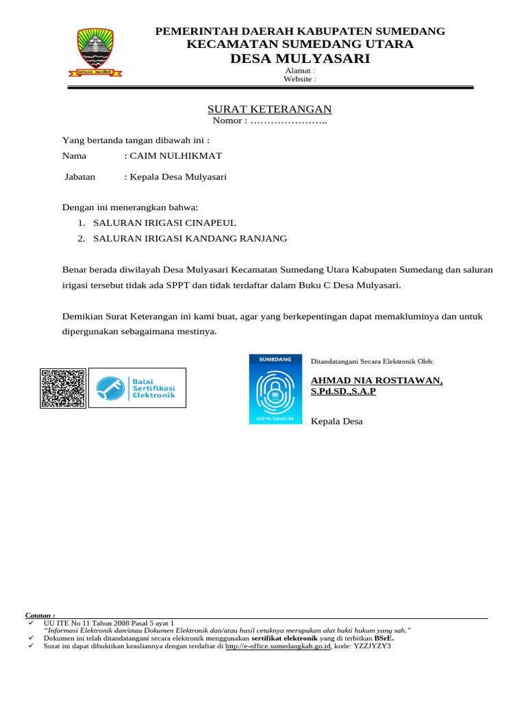Surat Keterangan Irigasi Tidak Ada SPPT | PDF