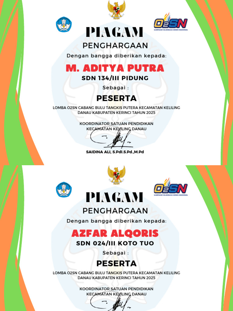 Penghargaan Lomba O2SN Bulu Tangkis 2025 | PDF