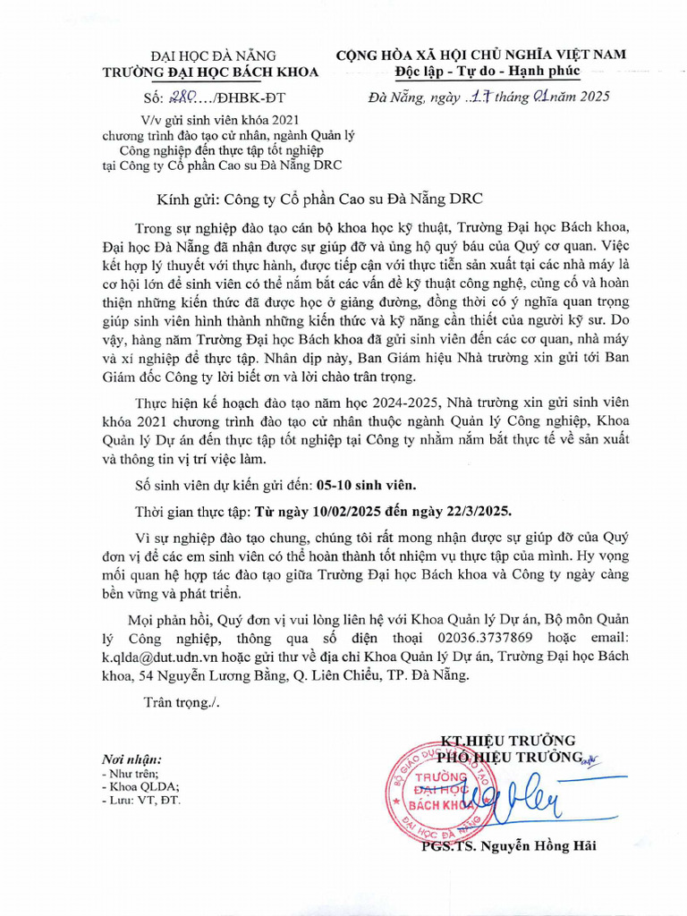 280 Gui SV Khoa 2021 CTDT Cu Nhan Nganh QLCN Thuc Tap TN Tai Cong Ty CP ...