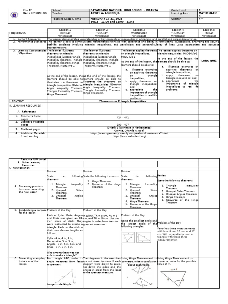 Grade 8 Daily Math Lesson Plan | PDF | Triangle | Mathematics