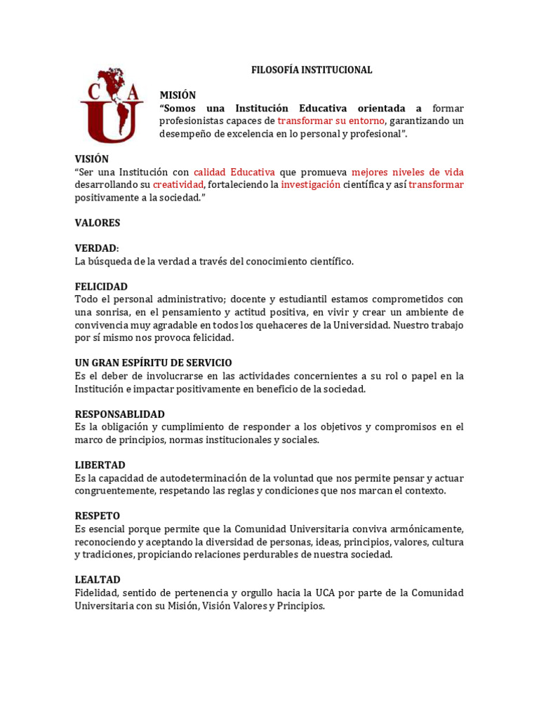 Filosofía Institucional UCA | PDF