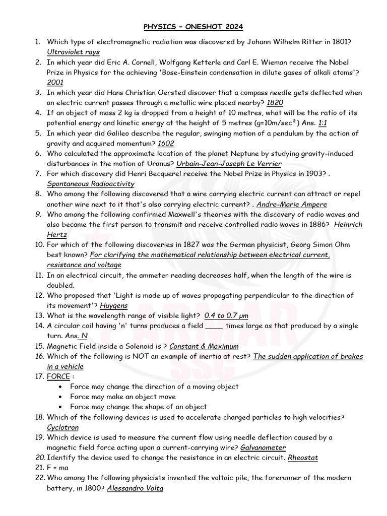 Physics One Shot Notes - Removed | PDF | Force | Acceleration