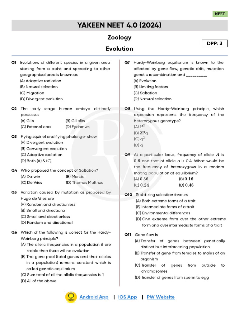 65eefa16547b570018ffd4db ## Evolution DPP 03 of Lec 05 Yakeen NEET | PDF | Evolution | Natural ...