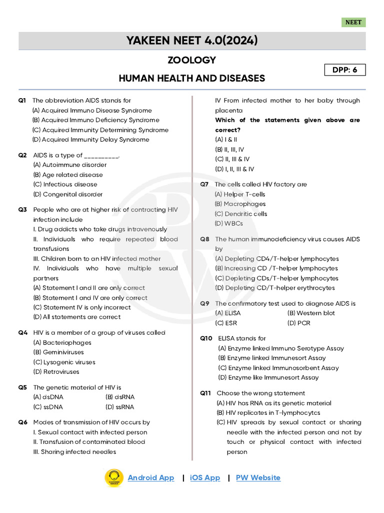 Human Health And Disease DPP 06 (Of lec 07) Yakeen NEET | PDF | Hiv | Hiv/Aids