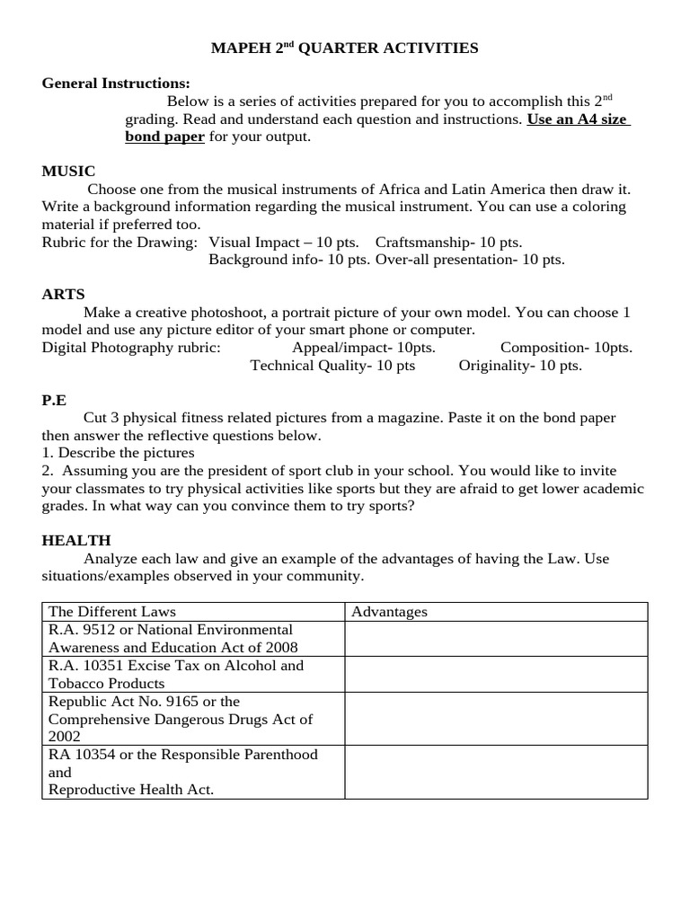 MAPEH Take Home Activities | PDF