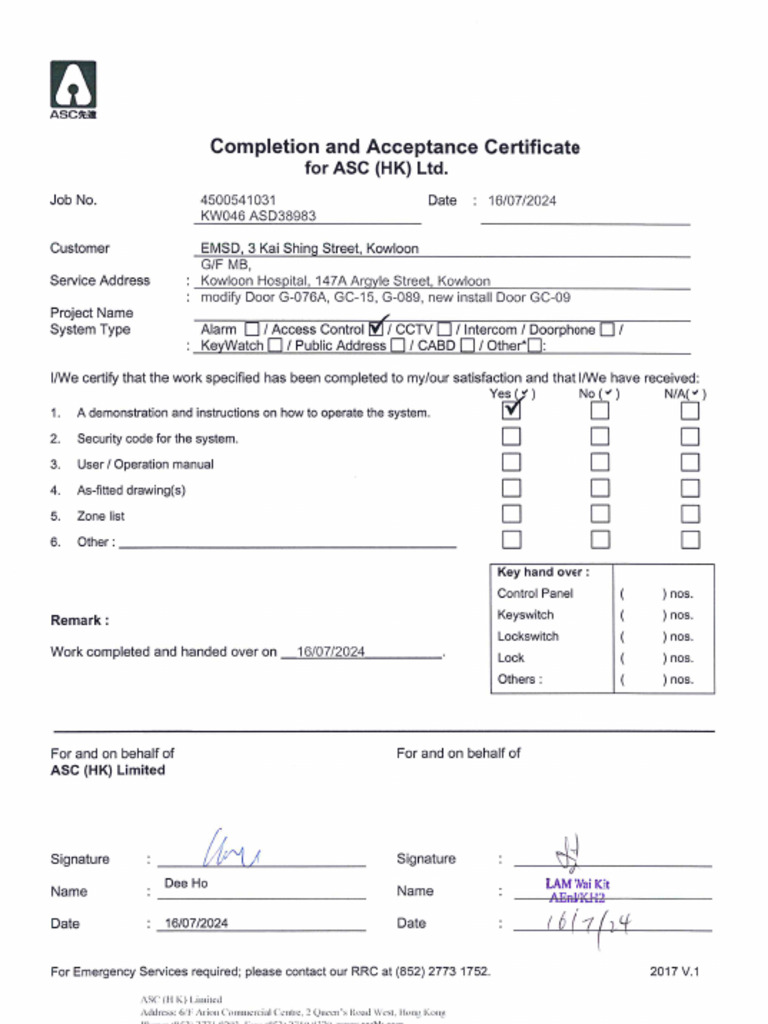 Completion Cert - 4500541031 - KW046 ASD38983 - Signed | PDF