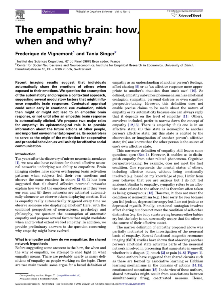 Vignemont. The Empathic Brain. How, When and Why | PDF | Empathy | Emotions