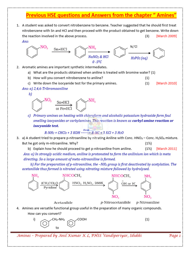 Hsslive-Xii-Chem-9. Amines Qns & Ans | PDF | Amine | Chemistry