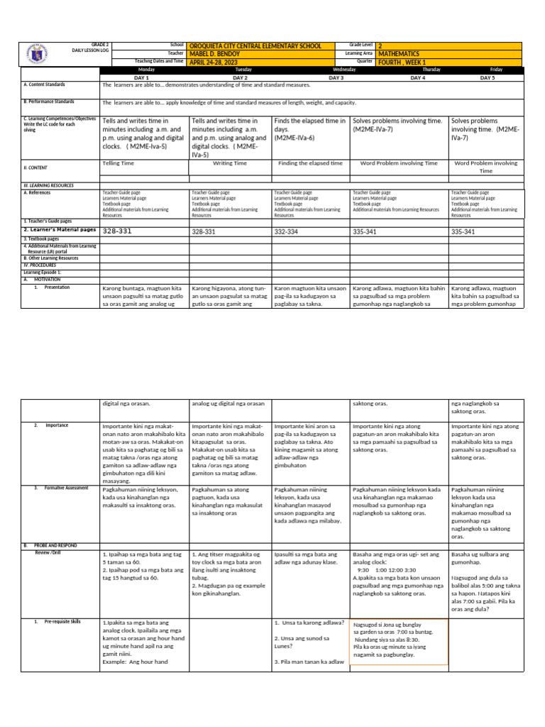 DLL Math 2 Week 1 Fourth Quarter | PDF