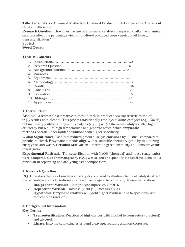 CHEM EE Enzymatic vs. Chemical Methods in Biodiesel Production - A ...