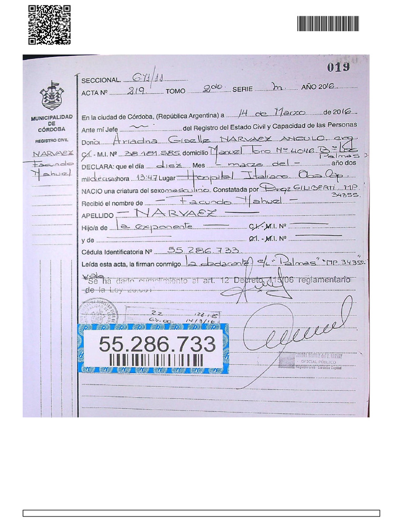Acta Nacimiento Firmada Facundo Nahuel Narváez 2024 PDF | PDF | Control de acceso | Autenticación
