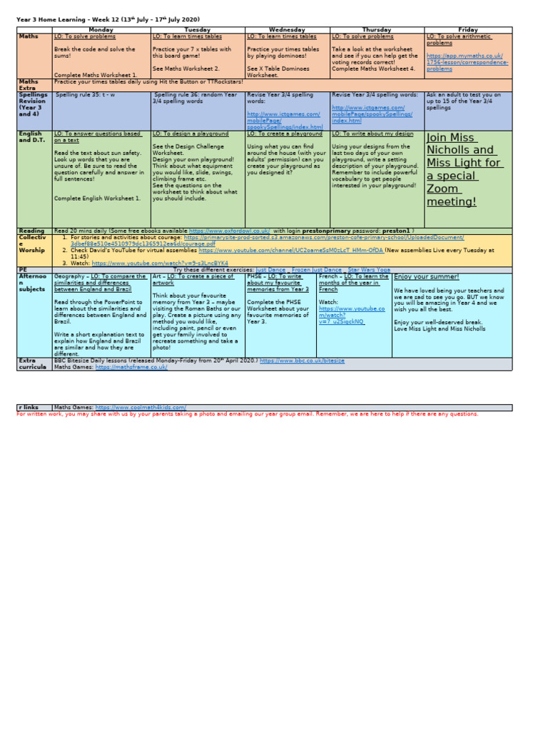 year-3-timetable-summer-term-week-12 | PDF