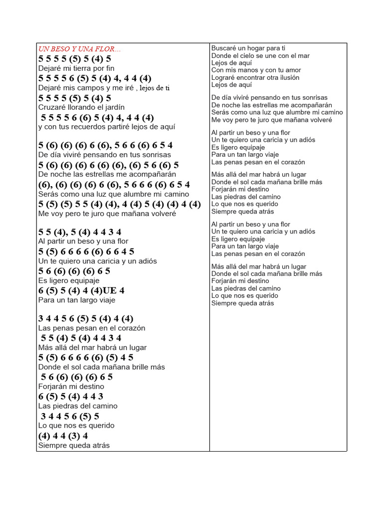 Letra de "Un beso y una flor" | PDF