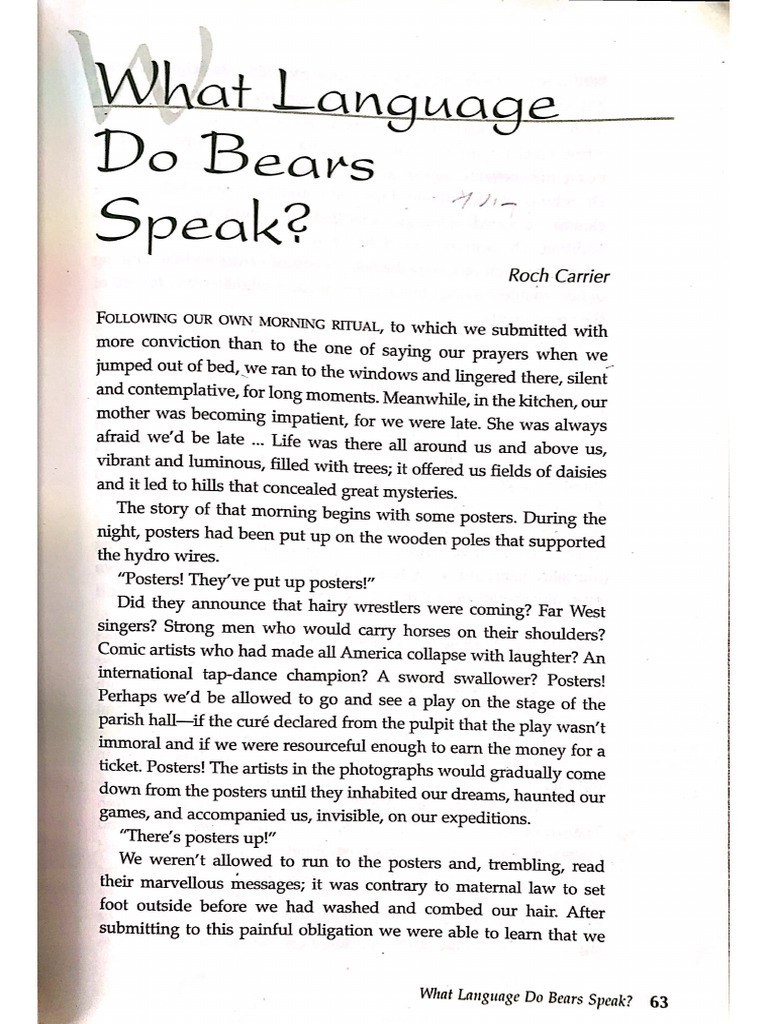 Roch Carrier's "What Language Do Bears Speak?" | PDF