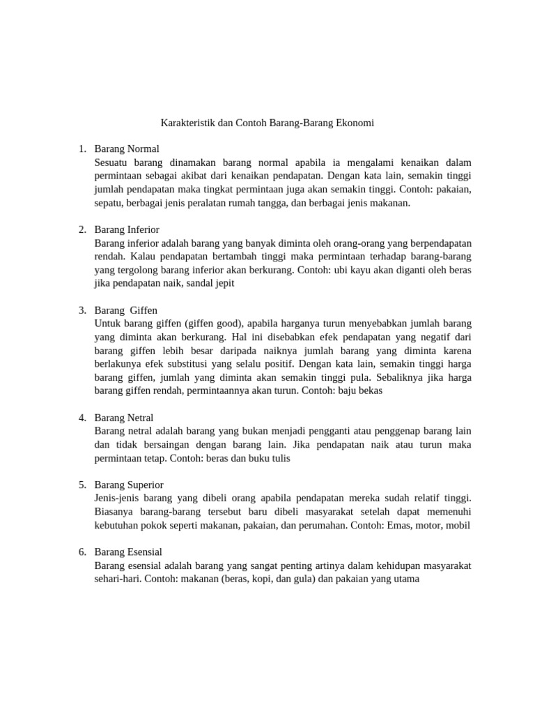 Karakteristik Dan Contoh Barang-Barang Ekonomi | PDF