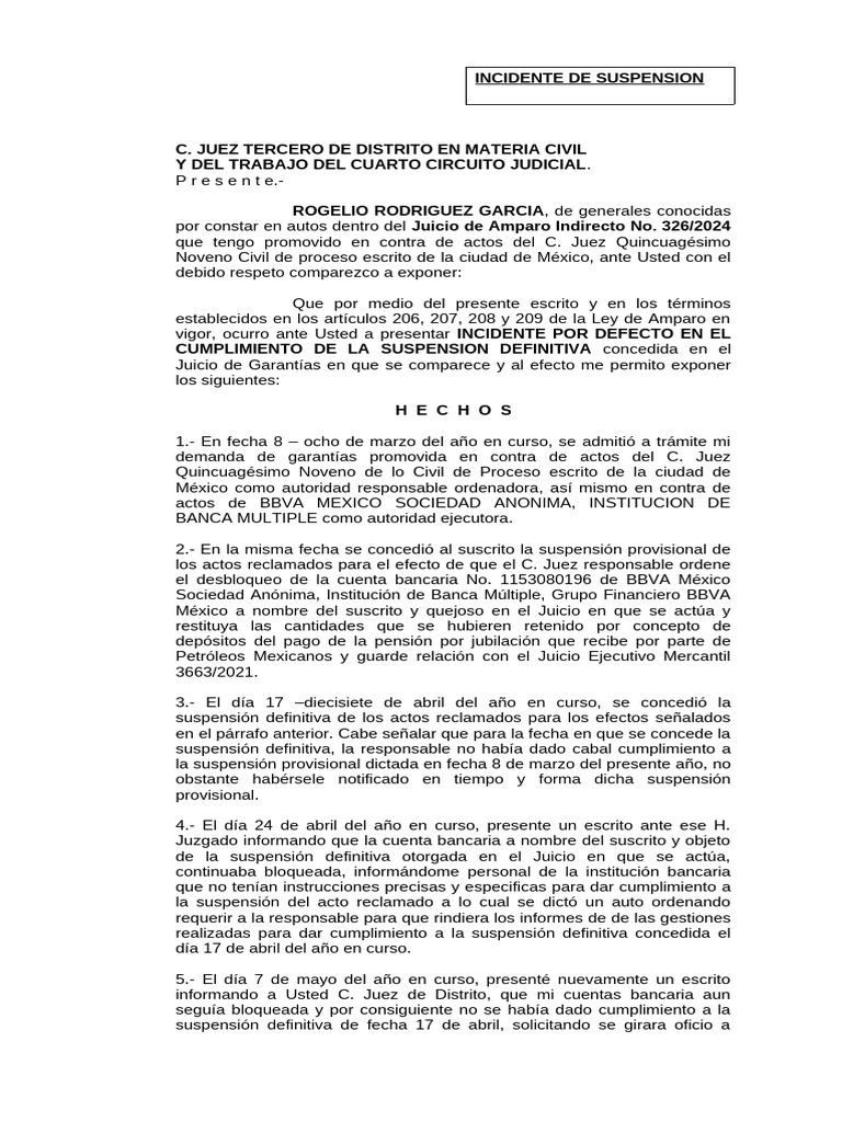 INCIDENTE POR DEFECTO EN CUMPLIMIENTO DE SUSPENSION | PDF | Bancos | México