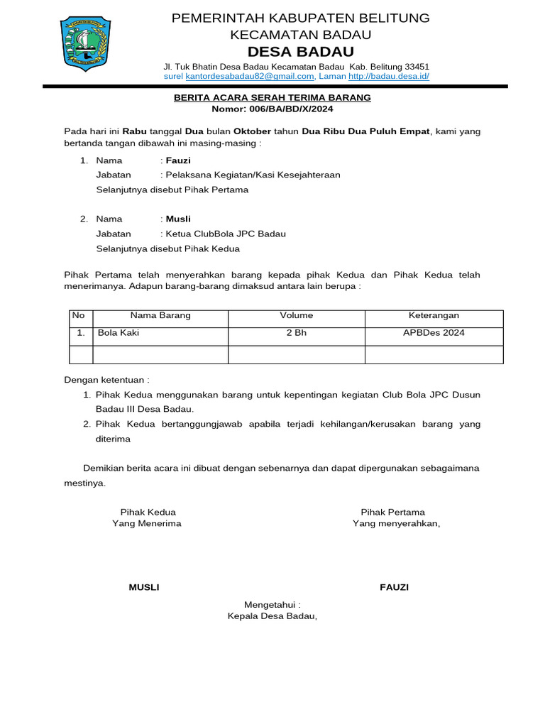 Berita Serah Terima Barang Bola JPC | PDF