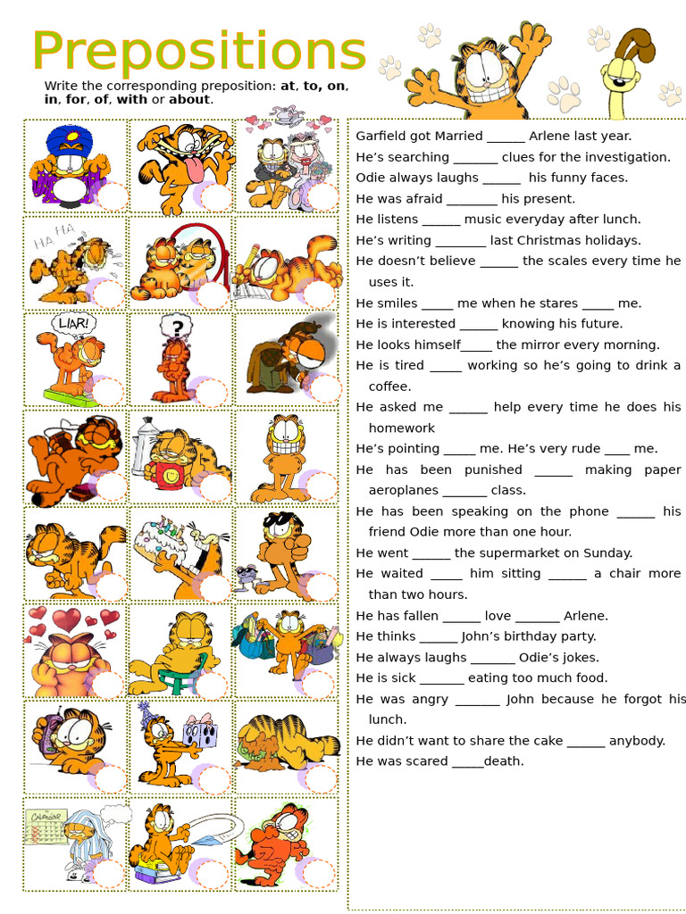 Prepositions Practice with Garfield | PDF | Linguistics | Grammar