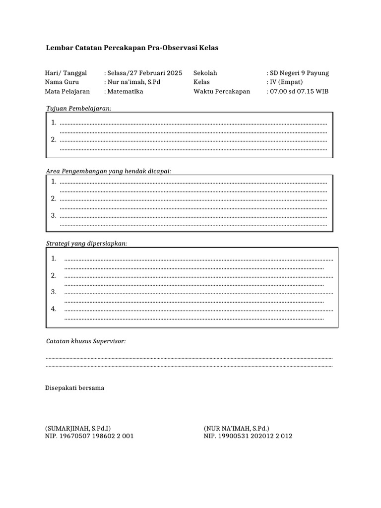 1_Lembar Catatan Percakapan Pra-Observasi Kelas (1) | PDF