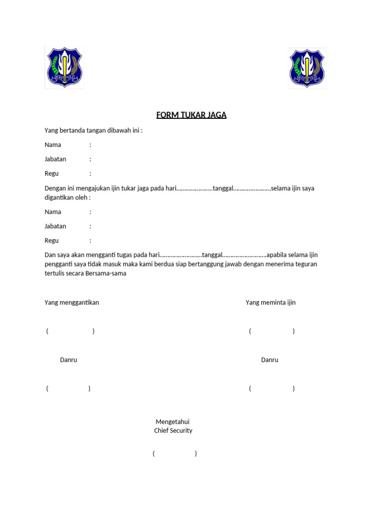 Form Tukar Jaga. Satpam 2023 | PDF