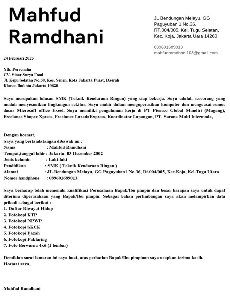 Lamaran Kerja Mahfud Ramdhani | PDF