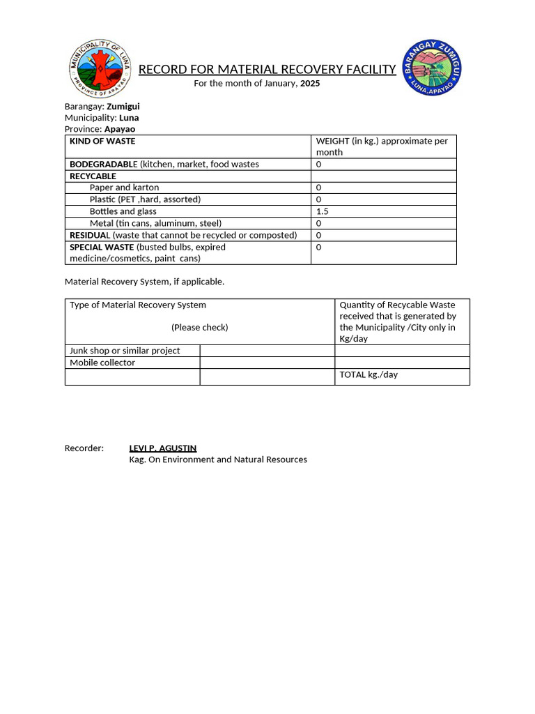 Record For Material Recovery Facility | PDF