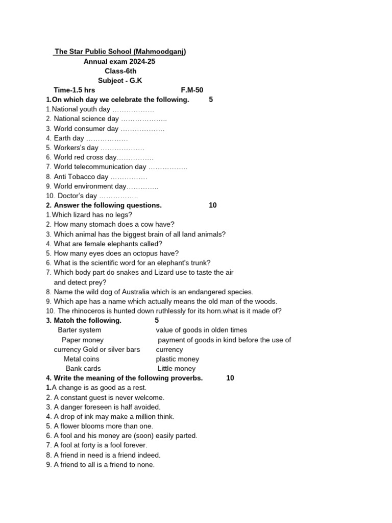 Class 6 G.K. Exam 2024-25 Paper | PDF | Money | Zoology