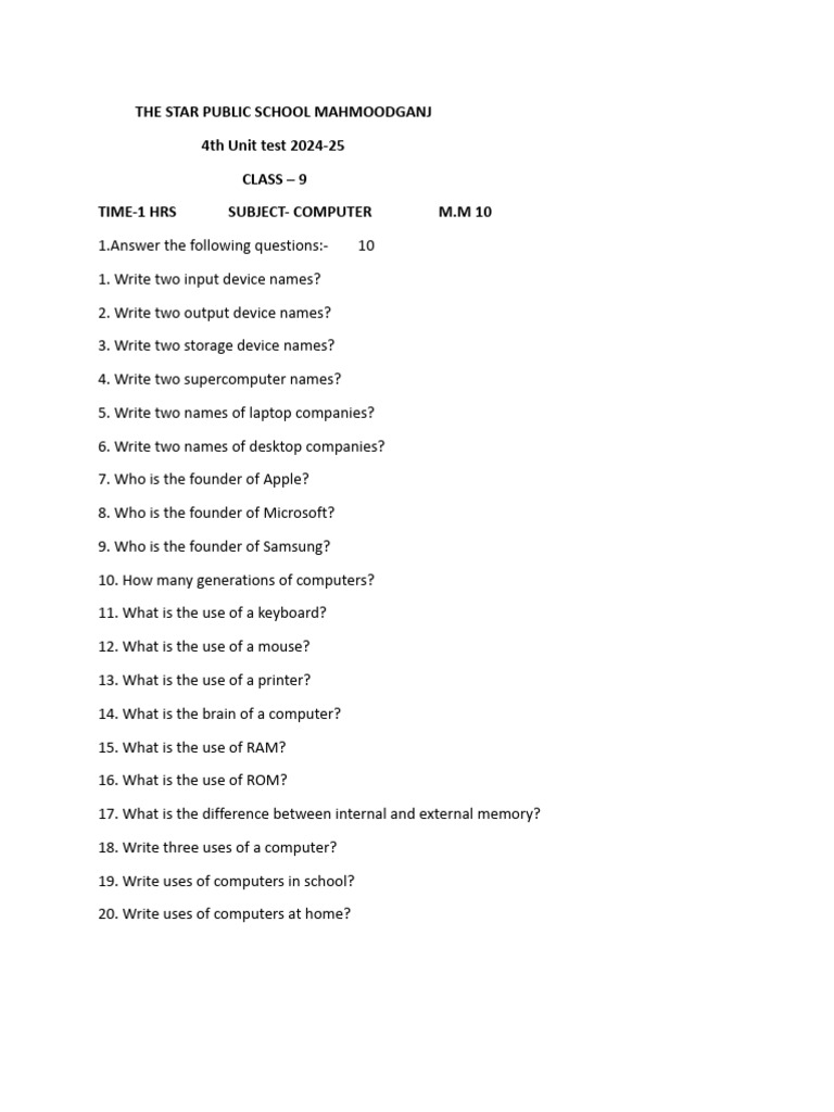 Class 9 Computer 4th Unit Test | PDF