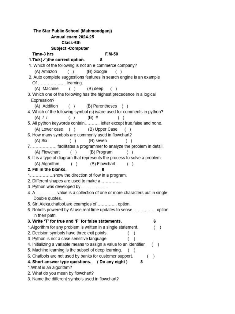 Class 6 Computer Exam Paper 2024-25 | PDF | Artificial Intelligence ...