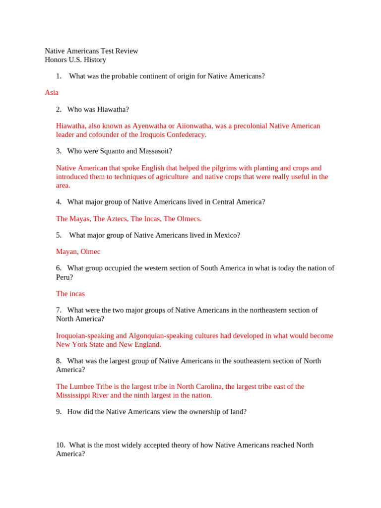 Native Americans Test Review HUSH 2024 | PDF | Indigenous Peoples Of ...