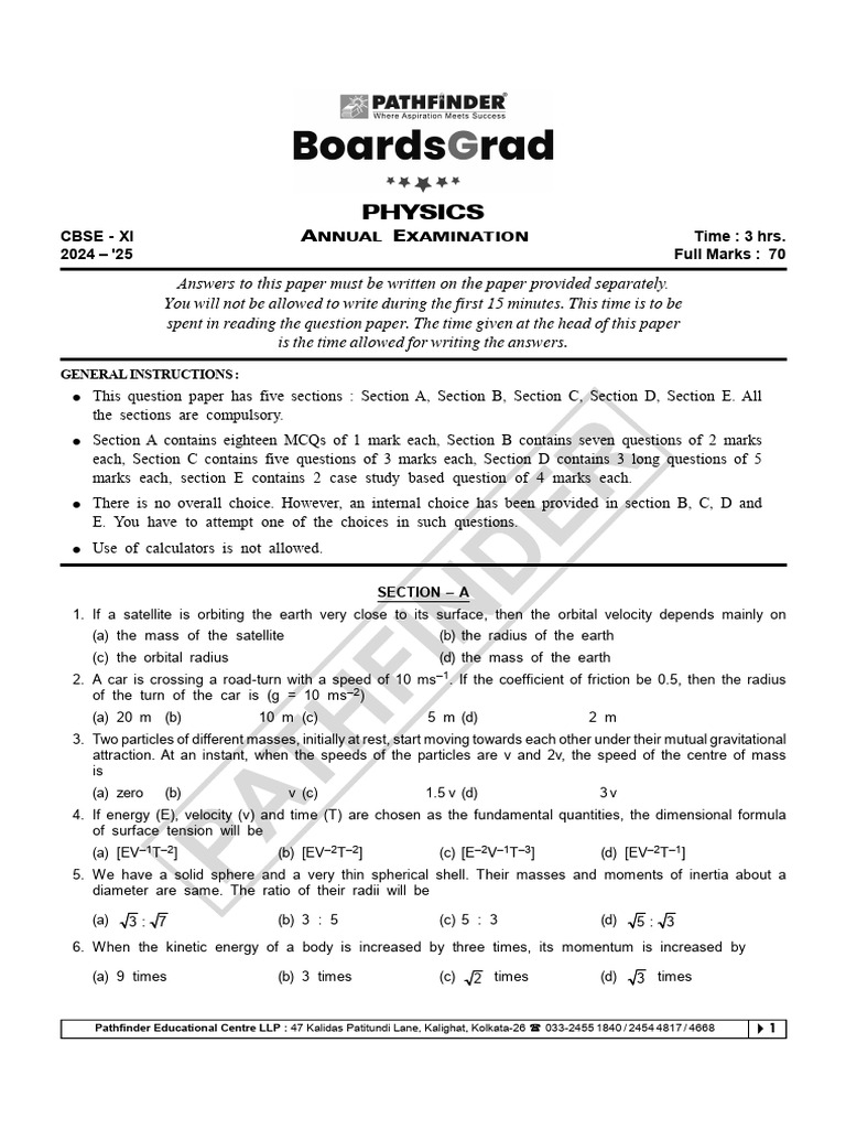 Physics - XI - AE - 2024-25 (Ques) - F | PDF | Gases | Force