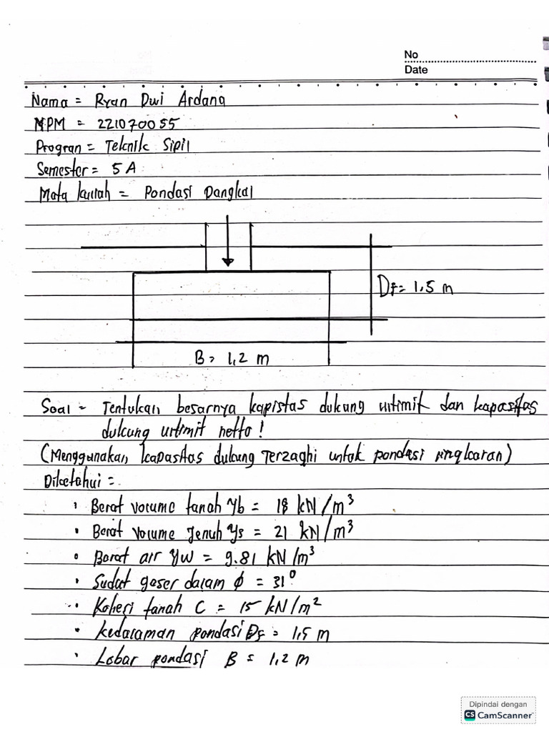 Tugas Perbaikan Nilain New Ryan Dwi Ardana 221070055 Pondasi Dangkal | PDF