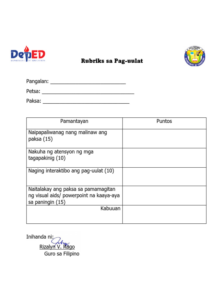 Rubriks Sa Pag Uulat | PDF